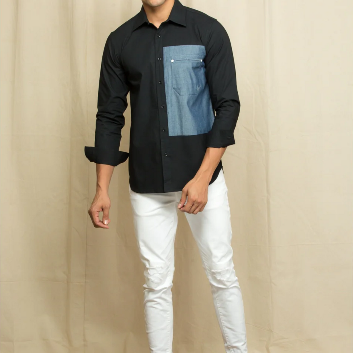 Black shirt with elongated denim patch feature. – HTKD Apparels Private ...